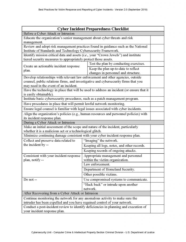 Cyber Incident Preparedness Checklist - Cyber Law Blog Cyber Incident Preparedness Checklist - Cyber Law Blog